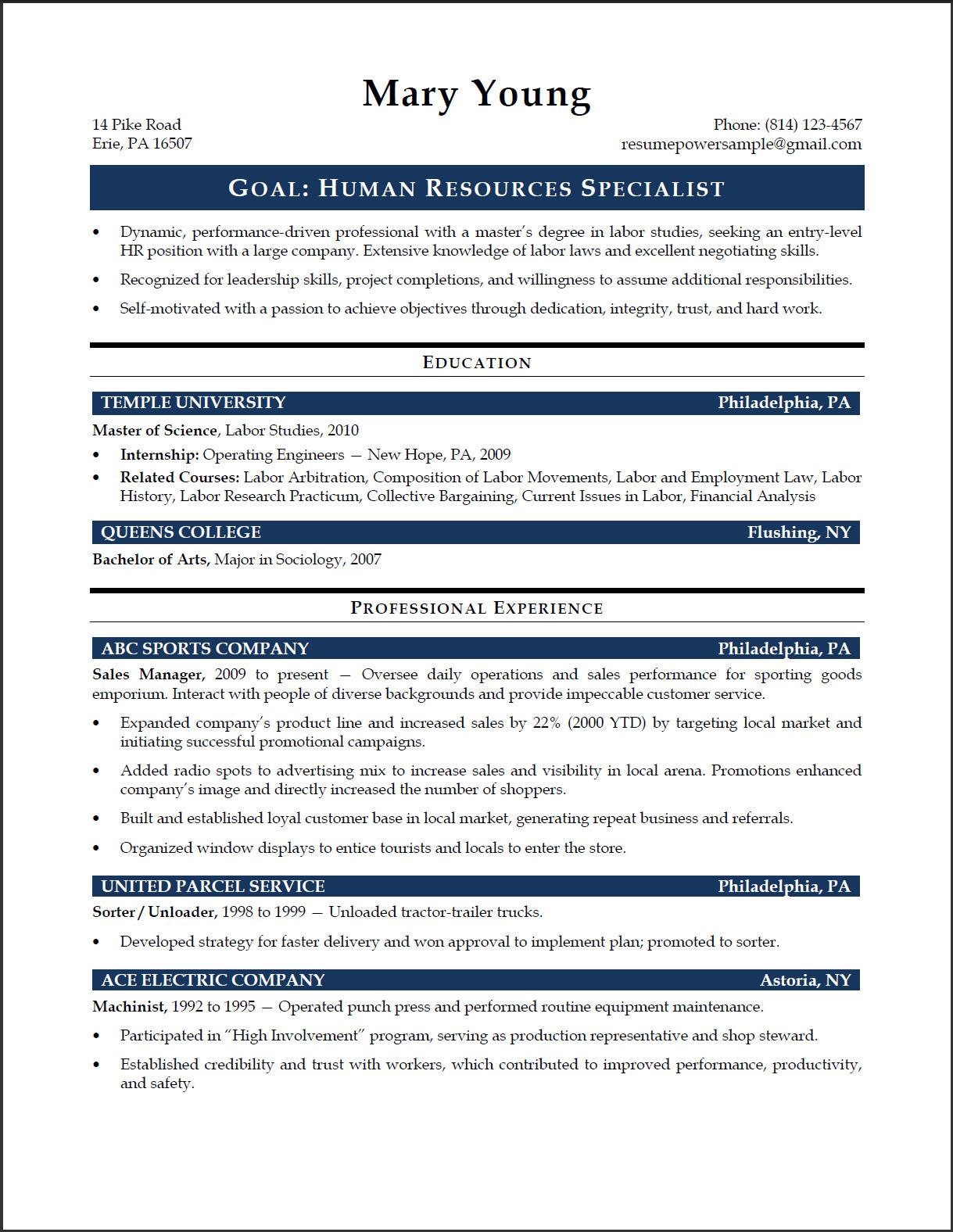 HR Specialist Sample Resume ResumePower